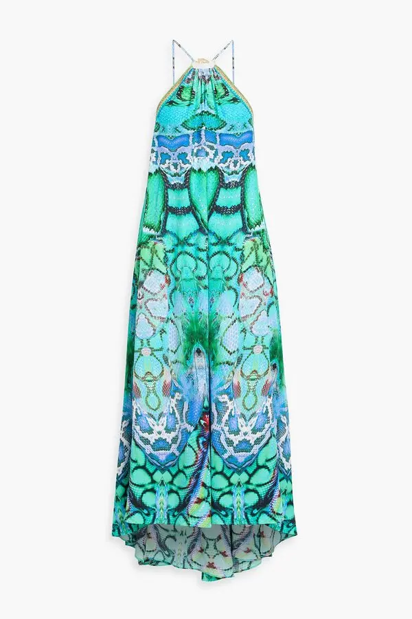 Camilla Embellished Printed Silksatin Halterneck Maxi Dress - Turquoise