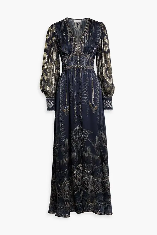 Camilla Crystalembellished Printed Silksatin And Metallic Fil Coupé Maxi Dress - Navy