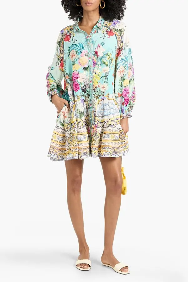 Camilla Crystal-embellished Printed Mini Shirt Dress - Turquoise