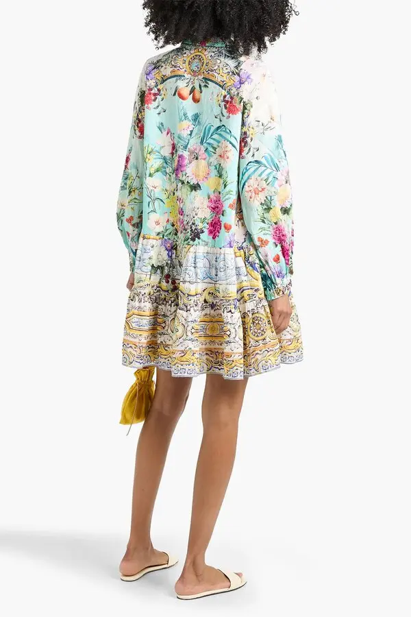 Camilla Crystal-embellished Printed Mini Shirt Dress - Turquoise