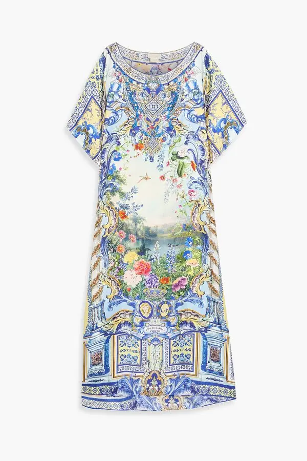 Camilla Crystal-embellished Printed Silk Kaftan - Bright Blue