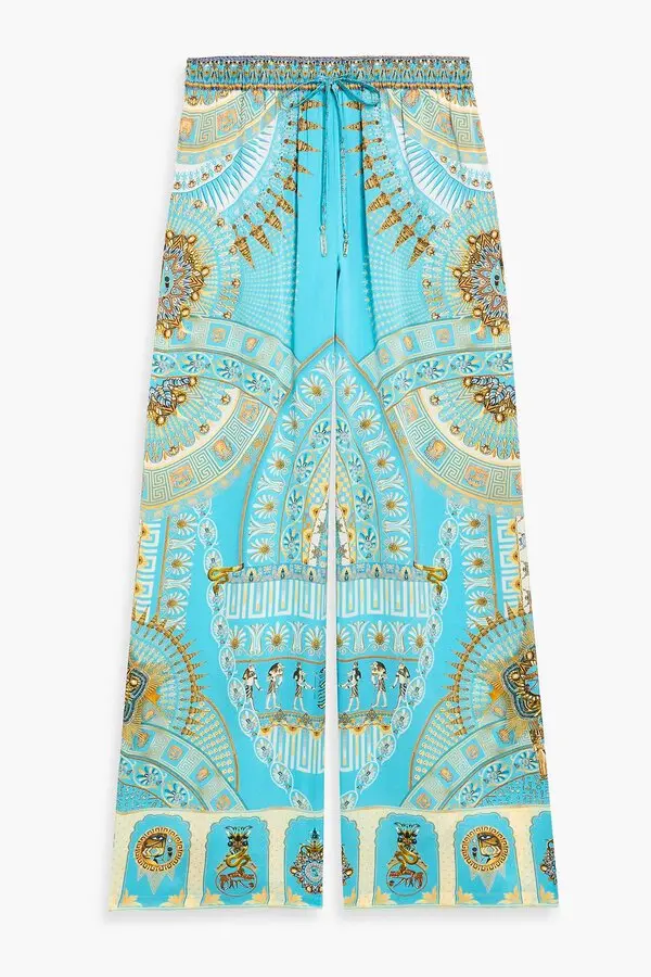 Camilla Crystal-embellished Printed Silk-satin Wide-leg Pants