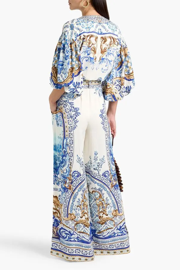 Camilla Crystal-embellished Printed Twill Wide-leg Pants - Blue