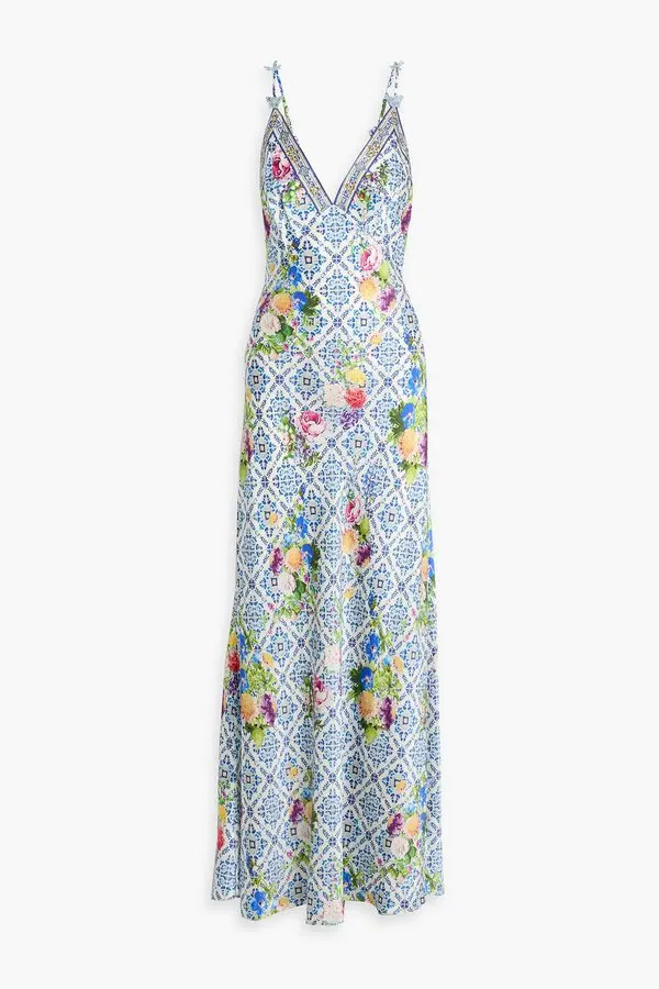 Camilla Crystal-embellished Printed Silk-twill Maxi Slip Dress - Blue