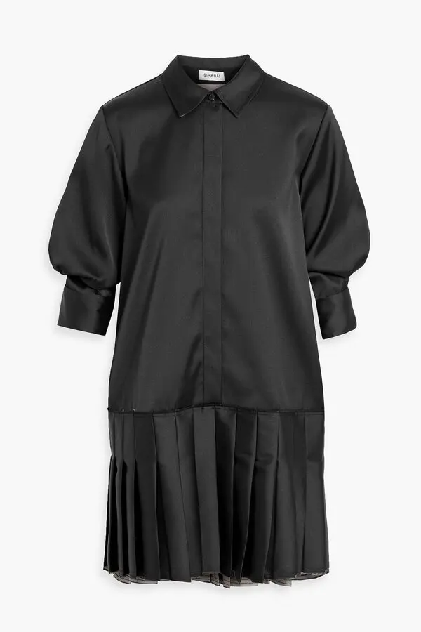 Simkhai Regina Pleated Twill Mini Shirt Dress - Black