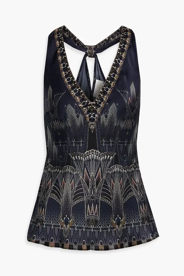 Camilla Crystal-embellished Printed Silk Tank - Navy