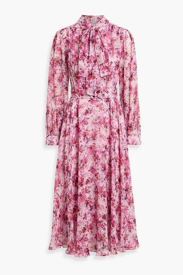 MIKAEL AGHAL Pussy-bow Metallic Floral-print Crepon Midi Dress - Pink