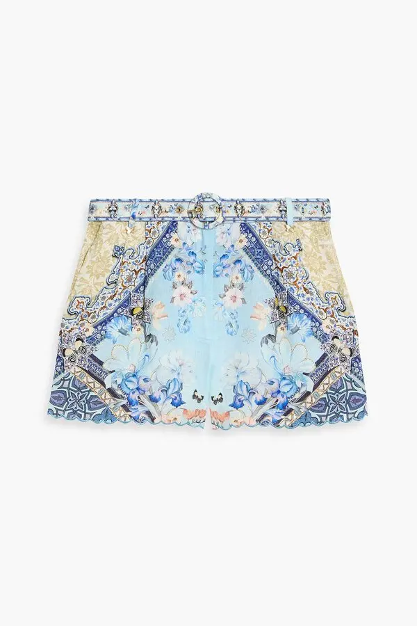 Camilla Belted Printed Linen Shorts - Light Blue
