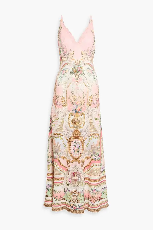 Camilla Embellished Printed Linen Maxi Dress - Baby Pink