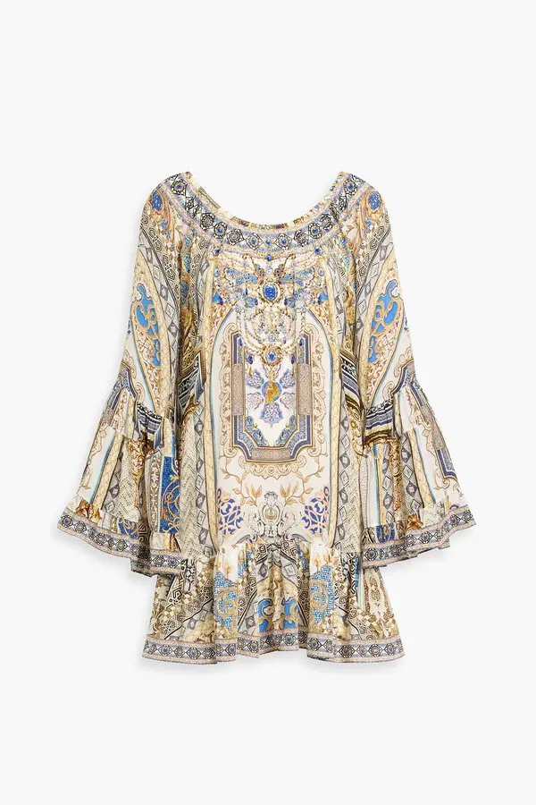 Camilla Crystal-embellished Ruffled Silk Crepe De Chine Mini Dress - Azure