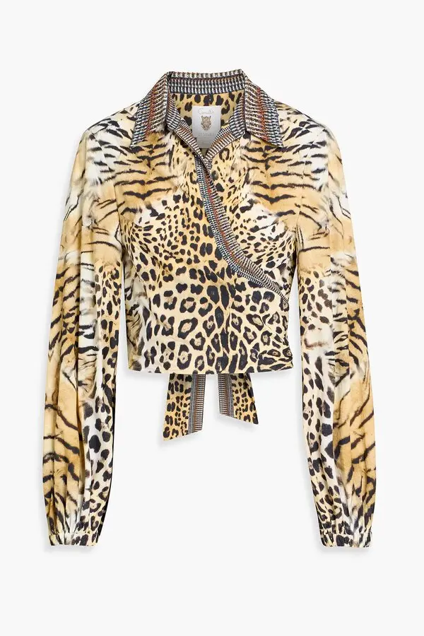 Camilla Cropped Crystal-embellished Leopard-print Wrap Top - Animal Print