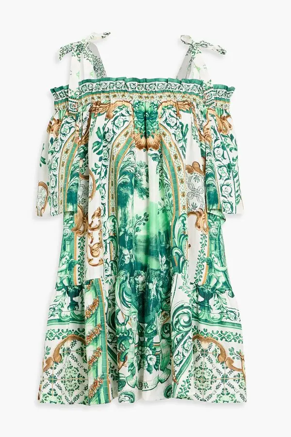 Camilla Colds Shoulder Printed Silk-twill Mini Dress - Green