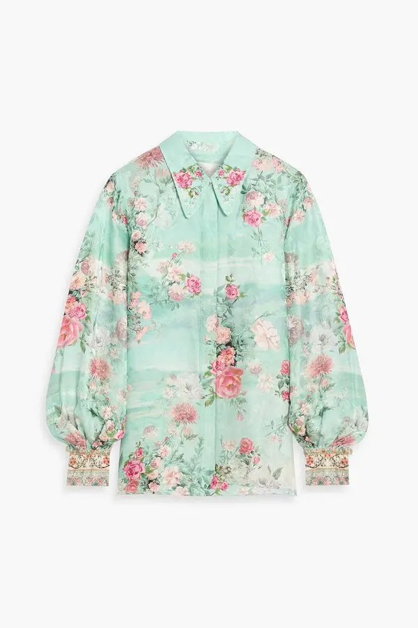 Camilla Crystal-embellished Printed Satin-jacquard Shirt - Mint