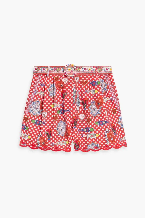 Camilla Belted Printed Cotton-poplin Shorts - Red