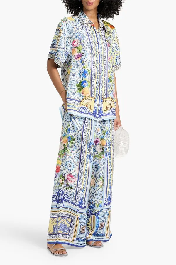 Camilla Crystal-embellished Printed Silk-twill Shirt - Blue
