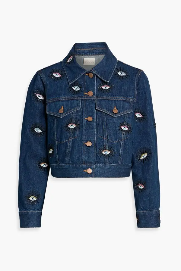 Alice + Olivia Chloe Embellished Cropped Denim Jacket - Dark Denim