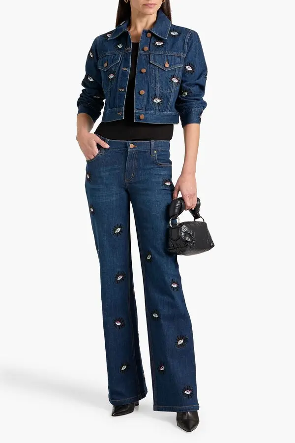 Alice + Olivia Chloe Embellished Cropped Denim Jacket - Dark Denim