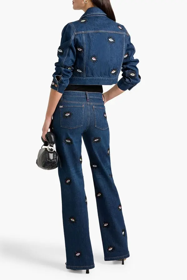 Alice + Olivia Chloe Embellished Cropped Denim Jacket - Dark Denim