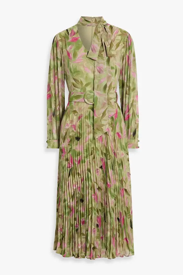 MIKAEL AGHAL Pleated Floral-print Crepe De Chine Midi Dress With Detachable Necktie And Belt - Leaf Green