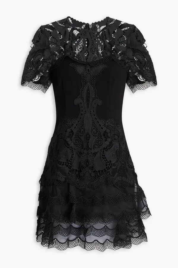 Simkhai Paislee Tiered Guipure Lace, Crepe, And Organza Mini Dress - Black
