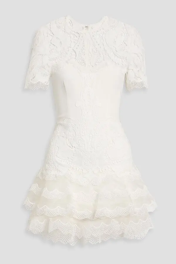 Simkhai Paislee Tiered Guipure Lace, Crepe, And Organza Mini Dress - White