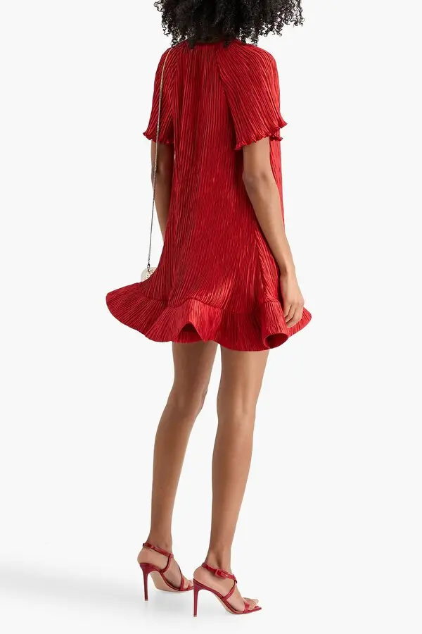 Simkhai Venus Fluted Plissé Satin Mini Dress - Crimson