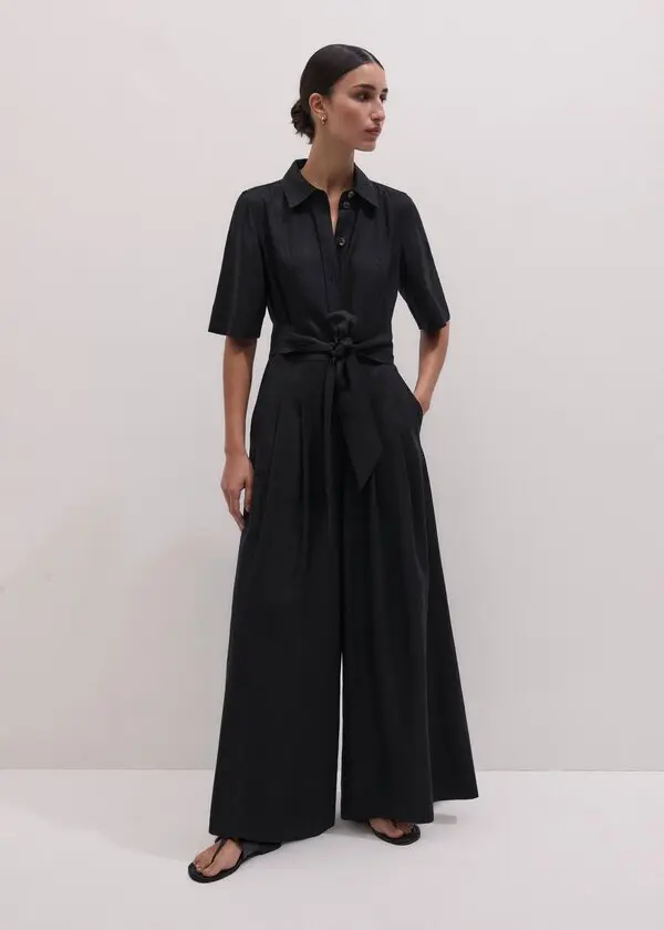 ME+EM Crease-less Linen Culotte Jumpsuit With Belt - Black