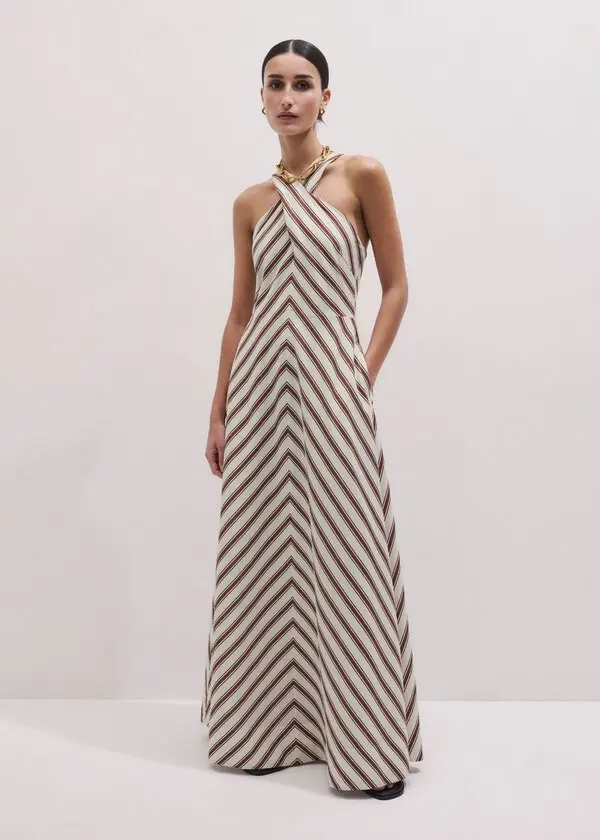 ME+EM Crease-less Linen Halterneck Stripe Maxi Dress