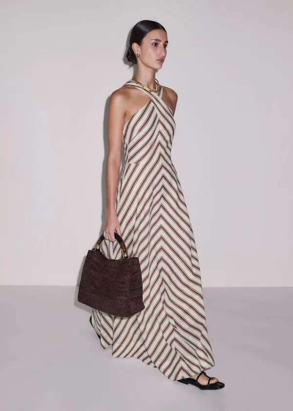 ME+EM Crease-less Linen Halterneck Stripe Maxi Dress - Light Cream Multi