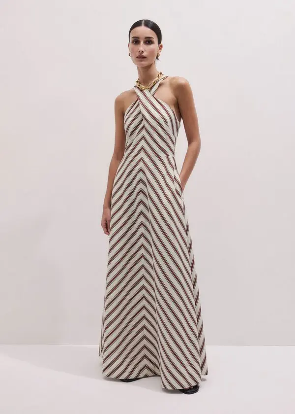 ME+EM Crease-less Linen Halterneck Stripe Maxi Dress