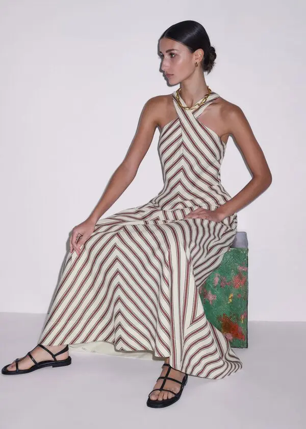 ME+EM Crease-less Linen Halterneck Stripe Maxi Dress