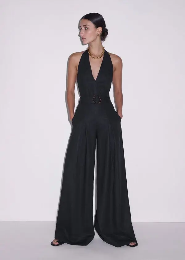 ME+EM Crease-less Linen Wide Leg Jumpsuit - Black