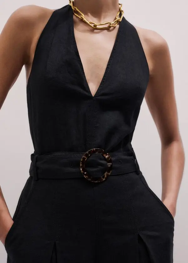 ME+EM Crease-less Linen Wide Leg Jumpsuit - Black
