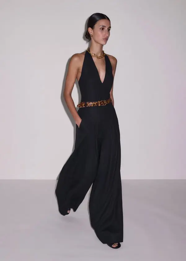 ME+EM Crease-less Linen Wide Leg Jumpsuit - Black