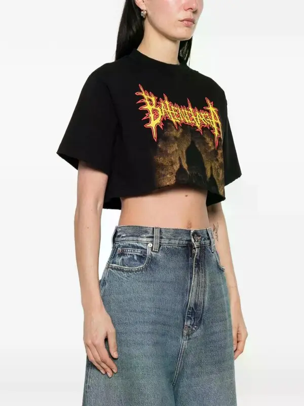 Balenciaga Graphic Print Cropped T-shirt - Black