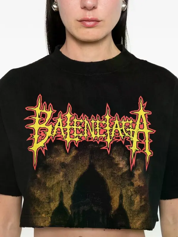Balenciaga Graphic Print Cropped T-shirt - Black