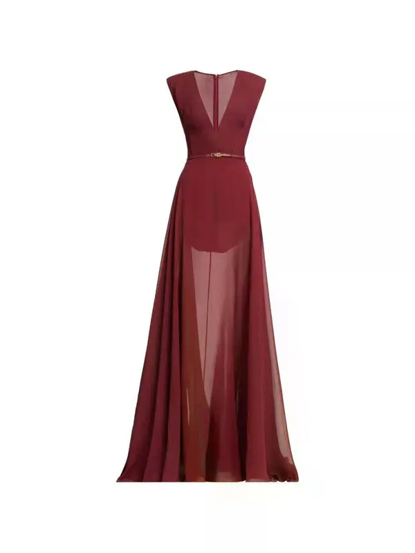 Elie Saab V-neck Belted Maxi Dress - Red