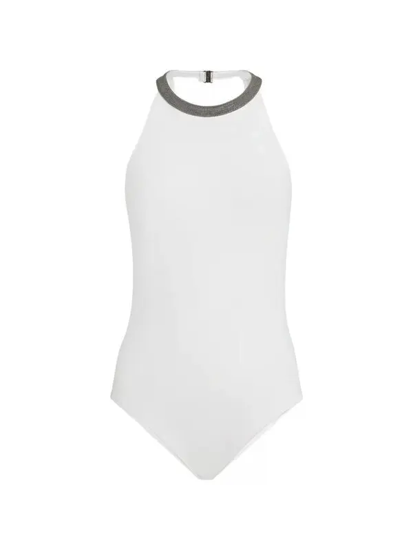 Brunello Cucinelli Techno-jersey Bathing Suit With Embellished Collar - White