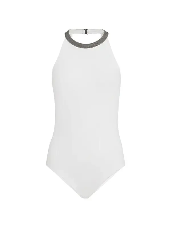 Brunello Cucinelli Techno-jersey Bathing Suit With Embellished Collar - White