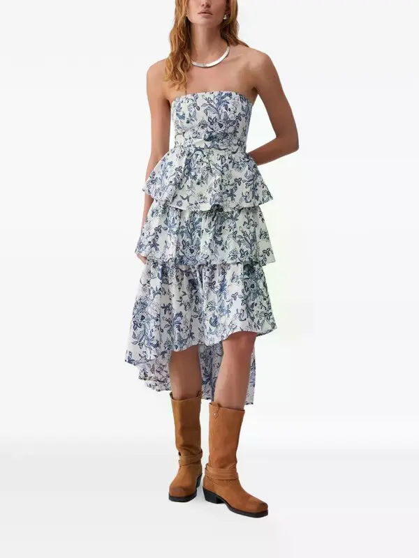 Liu Jo And Blue Floral Print Asymmetrical Ruffled Bustier Dress