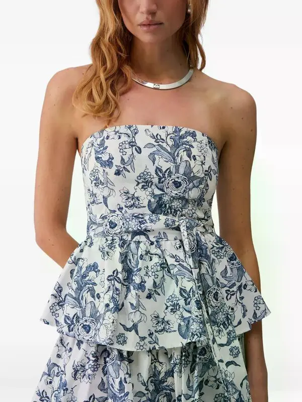 Liu Jo And Blue Floral Print Asymmetrical Ruffled Bustier Dress