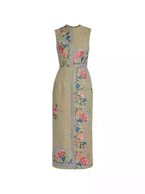 Erdem Linen Floral Embellished Midi Dress - Neutrals