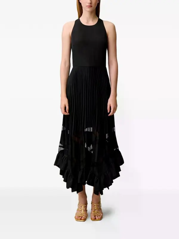 Claudie Pierlot Asymmetrical Pleated Midi Dress With Lace Panels