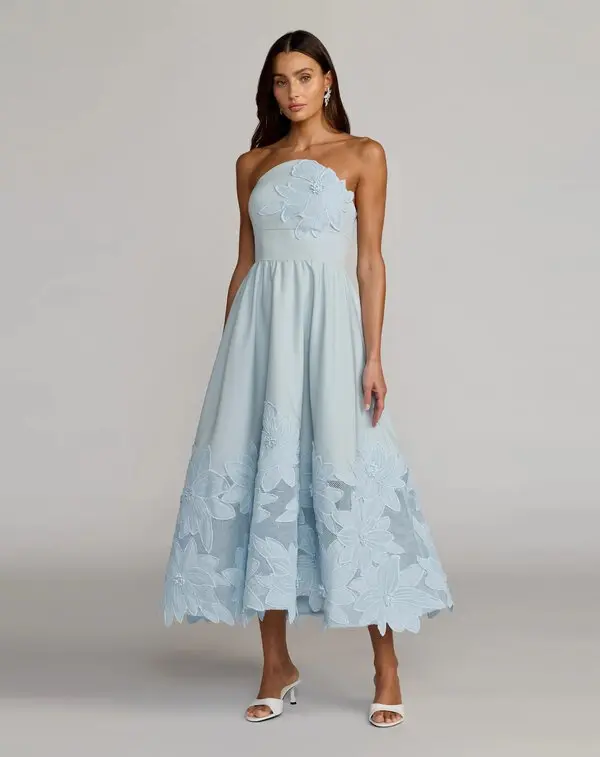 Mac Duggal Blue Strapless Floral Appliqu Midi Dress - Powder Blue