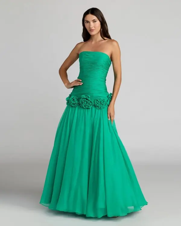 Mac Duggal Strapless Chiffon Ball Gown With 3d Floral Appliques - Spring Green