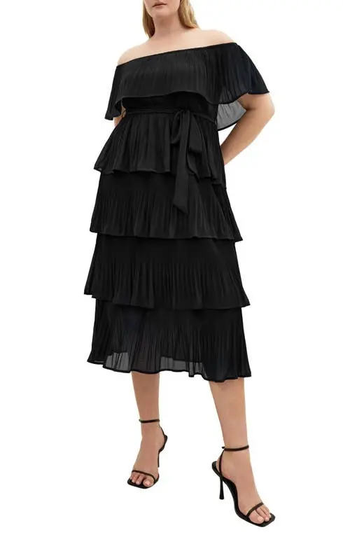 City Chic Off-the-shoulder Tiered Dress - Black