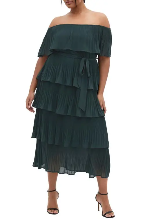 City Chic Off-the-shoulder Tiered Dress - Green Teal