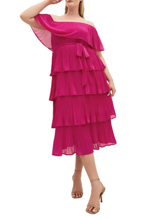 City Chic Off-the-shoulder Tiered Dress - Hot Pink