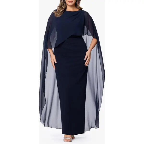 XSCAPE EVENINGS Overly Cape Gown - Navy