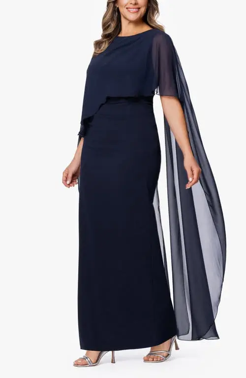 XSCAPE EVENINGS Attached Chiffon Cape Column Gown